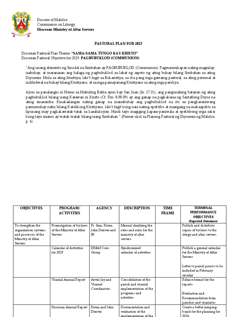Pastoral Plan For 2023 | PDF | Christian Organizations | Eucharist