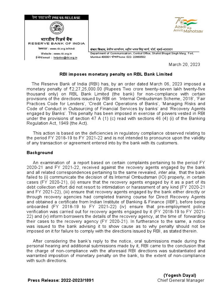 RBI Imposes Penalty On RBL Bank | PDF | Reserve Bank Of India | Banks