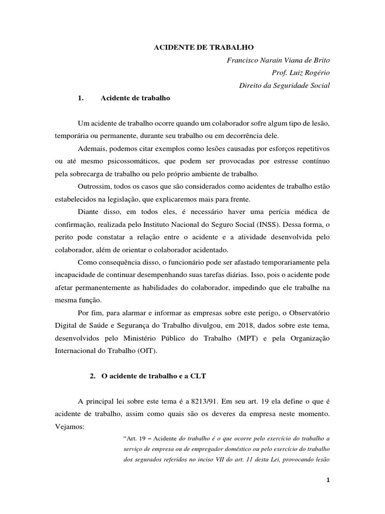 ACIDENTE DE TRABALHO | PDF | Business
