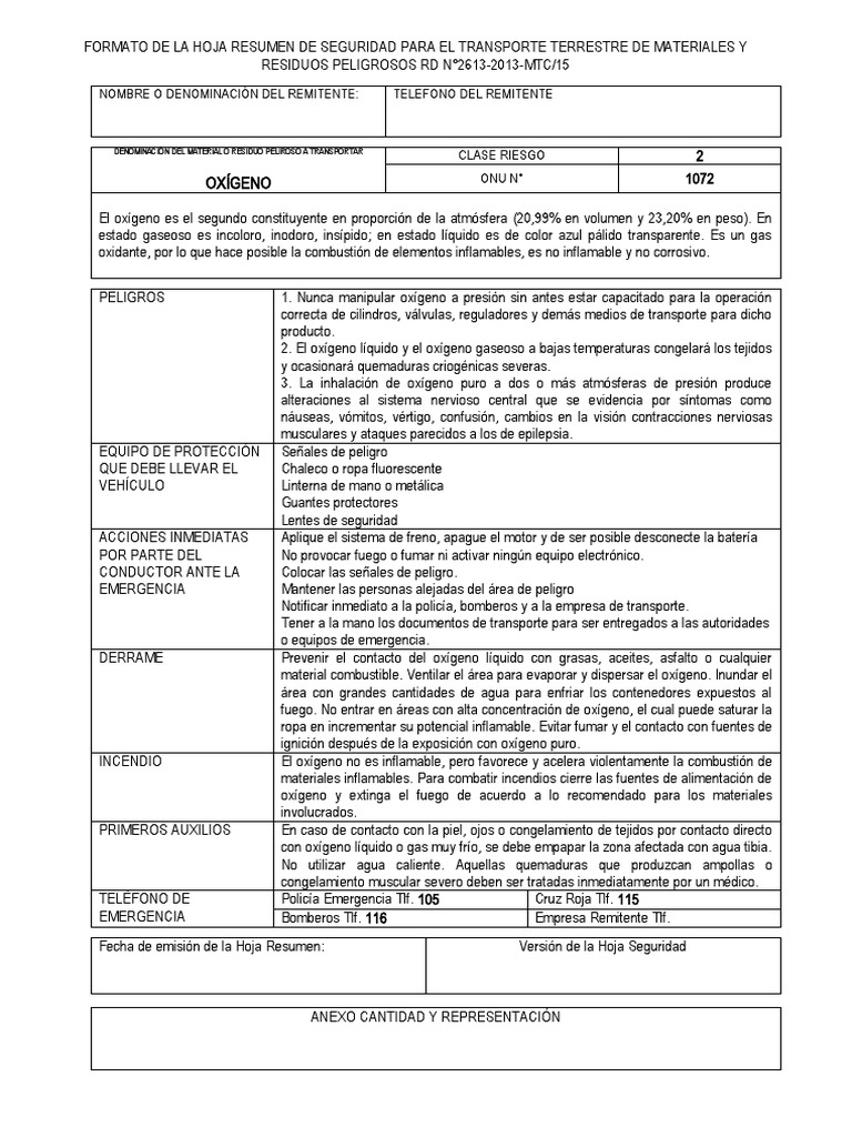 Formato de La Hoja Resumen de Seguridad para El Transporte Terrestre de Materiales y Residuos ...