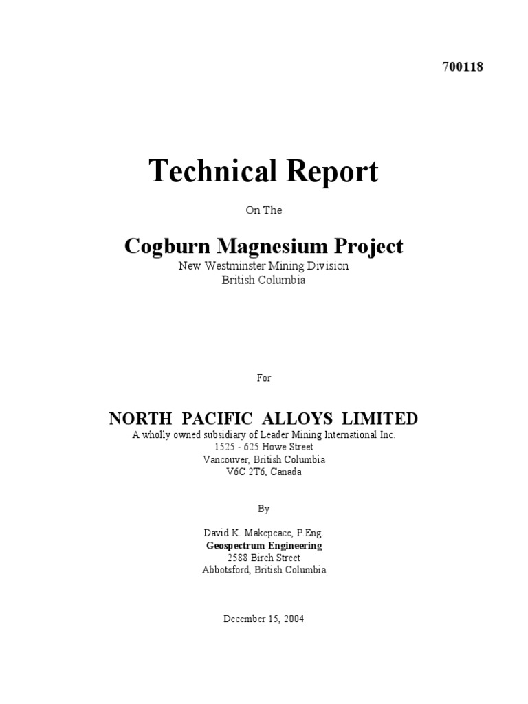 Cogburn Magnesium Project | PDF | Rock (Geology) | Magnesium