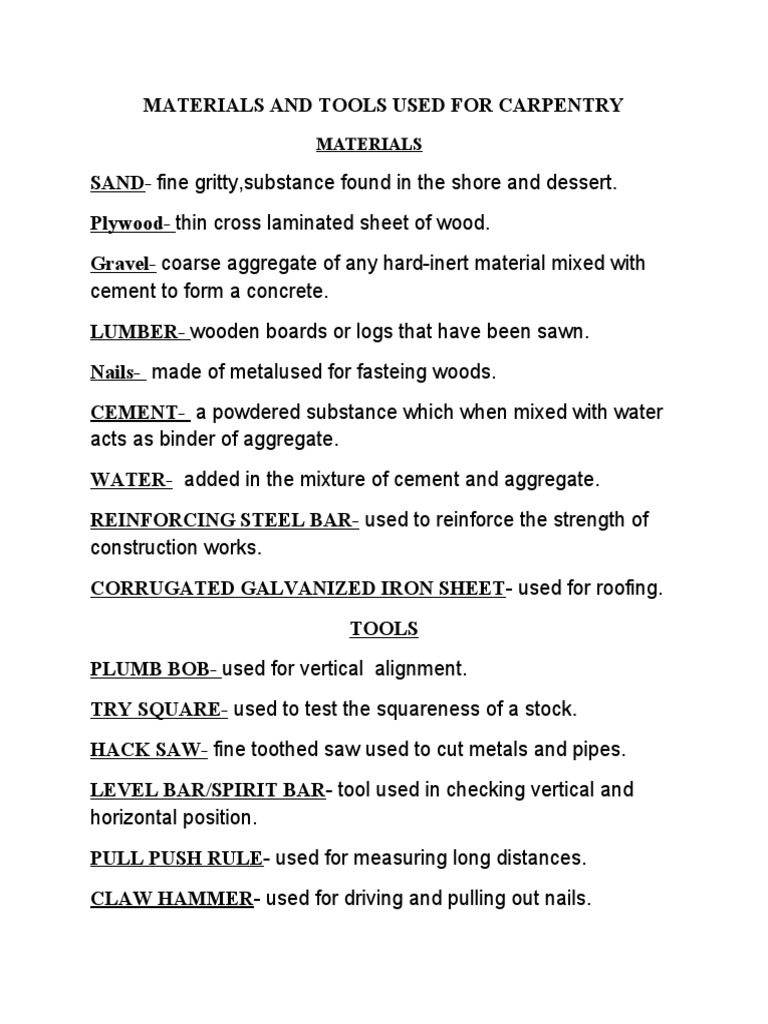 Materials and Tools Used For Carpentry | PDF