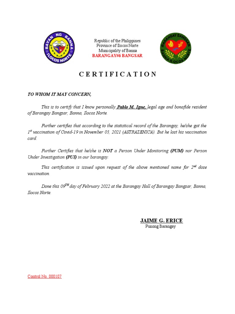 Banna Vaccination and Residency Certifications | PDF