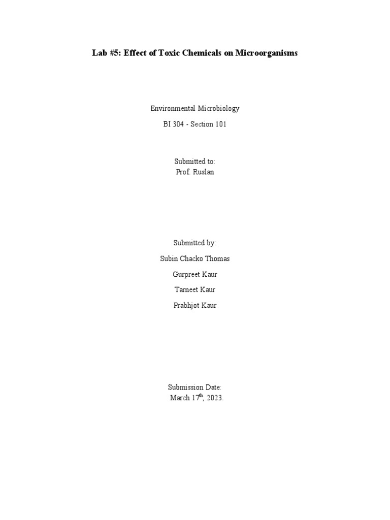 Lab #5: Effect of Toxic Chemicals On Microorganisms: Environmental ...