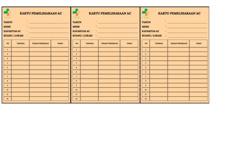 Contoh Kartu Pemeliharaan AC | PDF