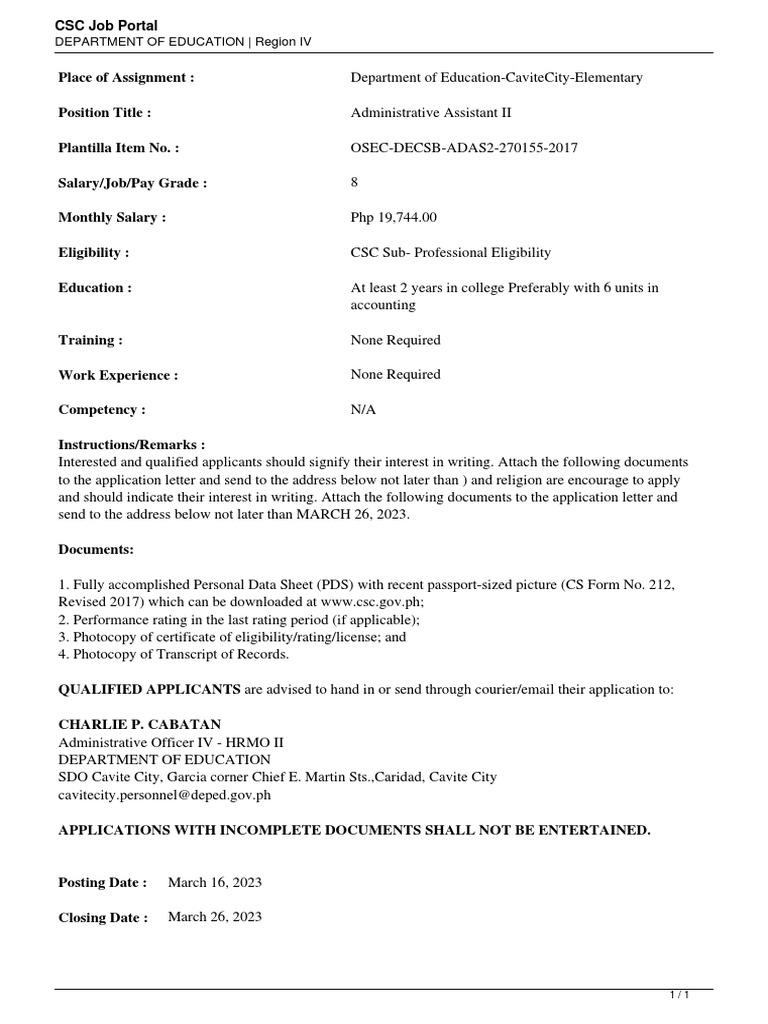 Admin Assistant Job in Cavite City | PDF