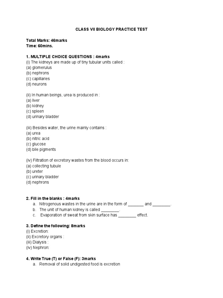 Class Vii Biology Practice Test | PDF