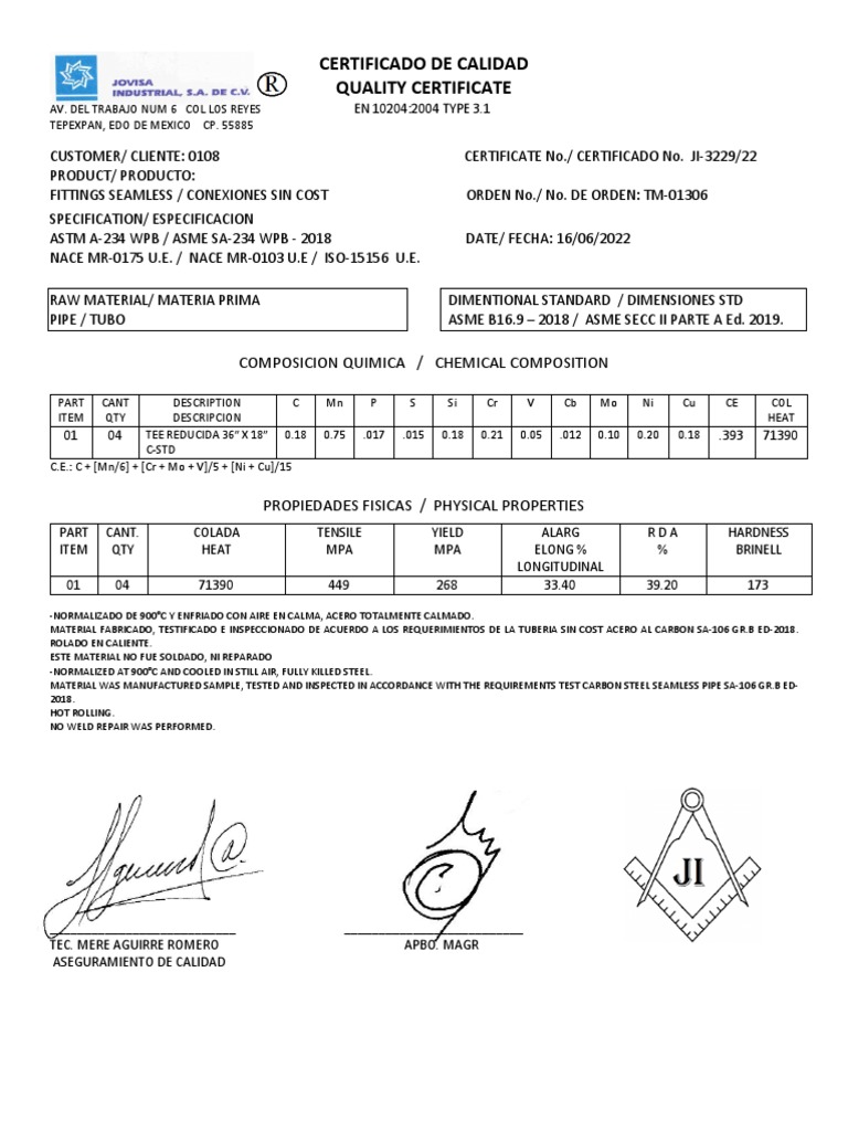 Certificado de Calidad Quality Certificate: Composicion Quimica / Chemical Composition | PDF ...