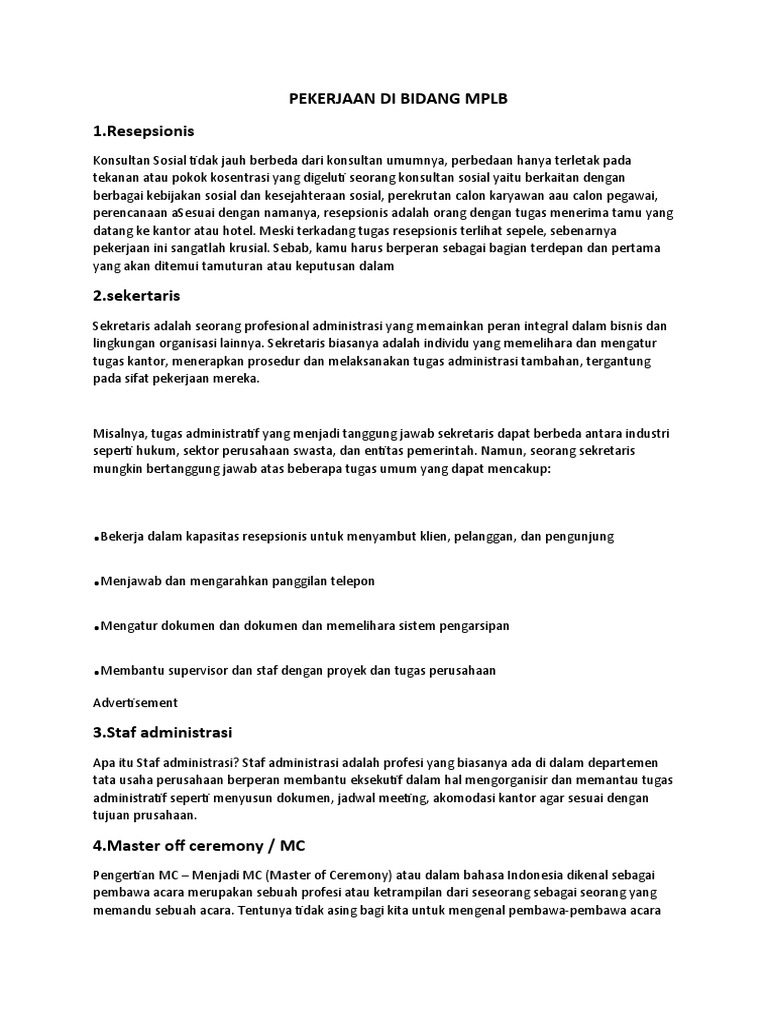 Pekerjaan Di Bidang MPLB | PDF