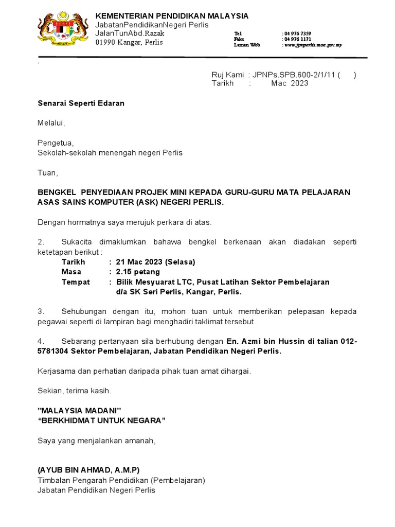 1 Surat Bengkel Penyediaan Projek Mini Ask 2023 | PDF