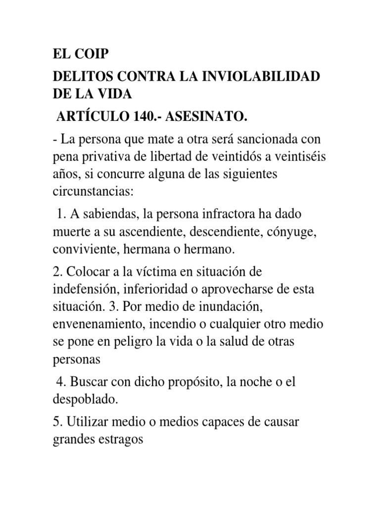 Delitos contra la vida en el COIP | PDF | Castigos | Homicidio