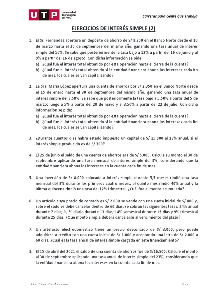 Semana 03 - Ejercicios de Interes Simple 02 | PDF | Interés | Bancos