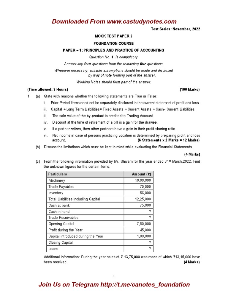 Test Series: November, 2022 Mock Test Paper 2 Foundation Course Paper ...