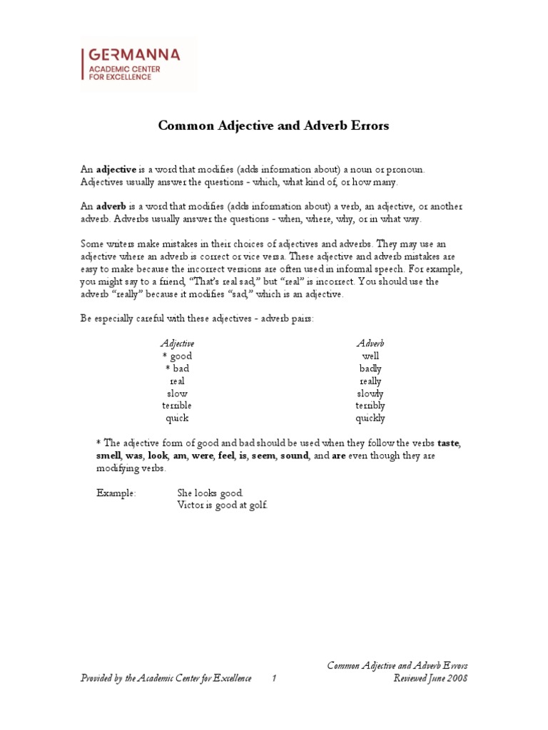 Common Adjuctives and Adverb Errors | Download Free PDF | Adverb ...