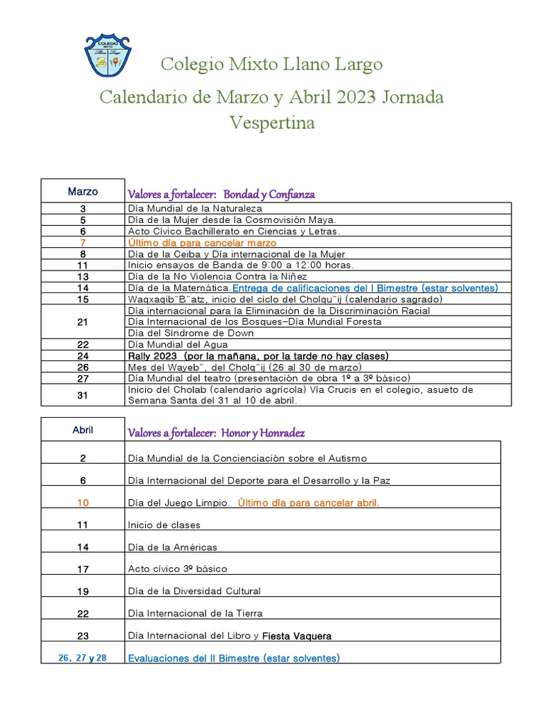 Colegio Mixto Llano Largo Calendario de Marzo y Abril 2023 Jornada Vespertina | PDF