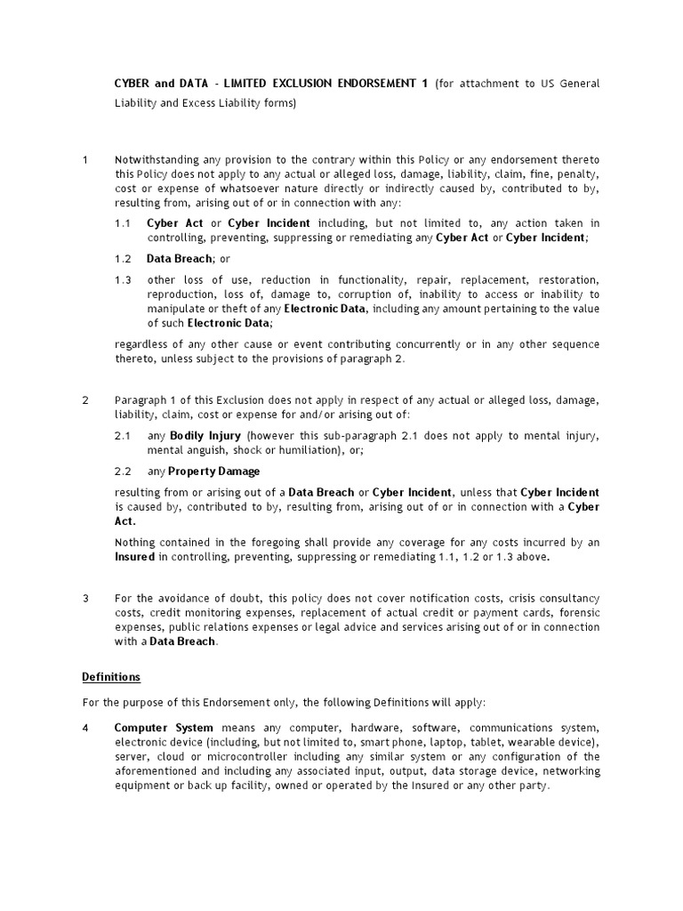 Lma5473b - Us GL - Cyber and Data Limited Exclusion Endorsement 1 | PDF ...