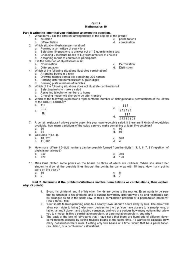 Summative Test - Combinations | PDF | Permutation | Mathematics