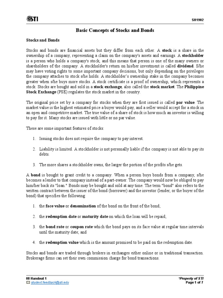 Basic Concepts of Stocks and Bonds: Student - Feedback@sti - Edu | PDF ...