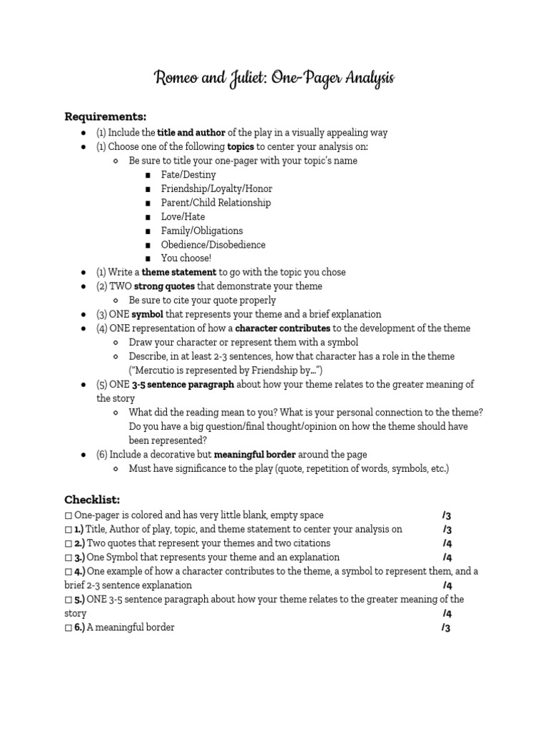 Romeo and Juliet One-Pager Analysis | PDF | General Fiction