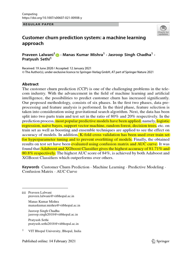 Customer Churn Prediction System: A Machine Learning Approach | PDF | Machine Learning | Support ...