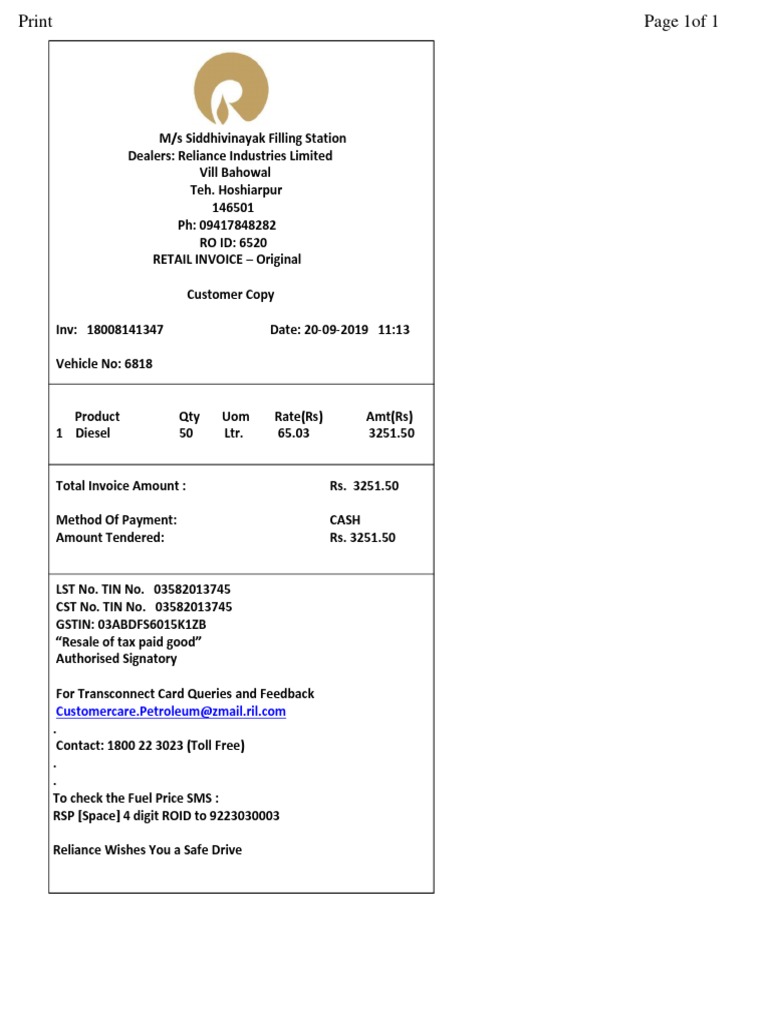 Reliance Diesel Invoice - Siddhivinayak | PDF