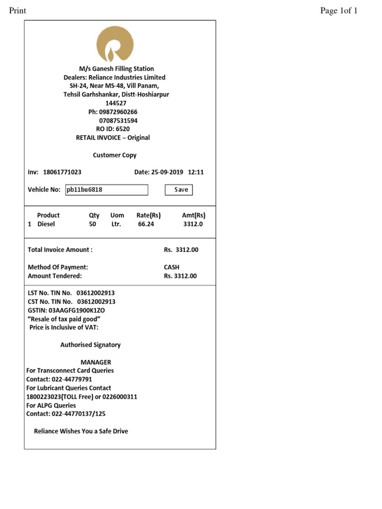 Reliance Diesel Invoice - Ganesh Station | PDF