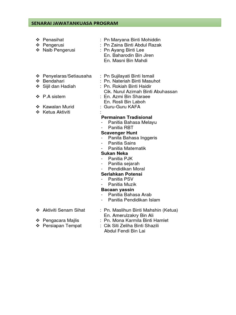 Jawatankuasa Program Minggu Pertama Sekolah Sesi 2023 | PDF