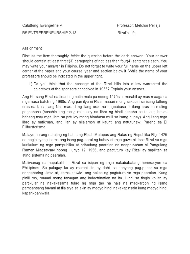 Rizal'sLife Assignment | PDF