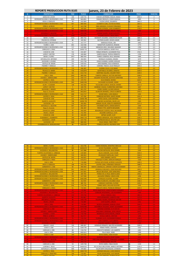 Jueves, 23 de Febrero de 2023: Reporte Produccion Ruta 8105 | PDF