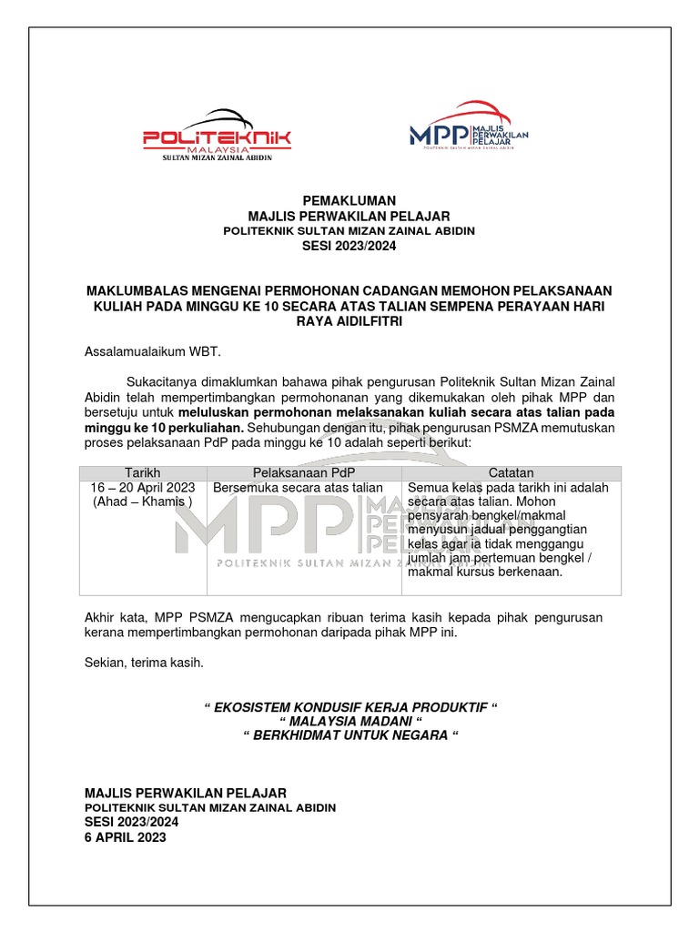 PEMAKLUMAN PELAKSANAAN PDP MINGGU KE 10 MPP | PDF