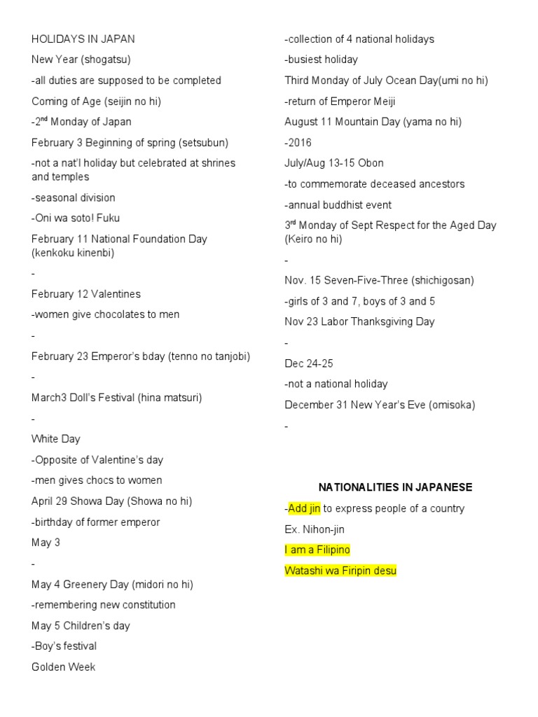 HOLIDAYS IN JAPAN Pointers | PDF | Public Holiday | Japan