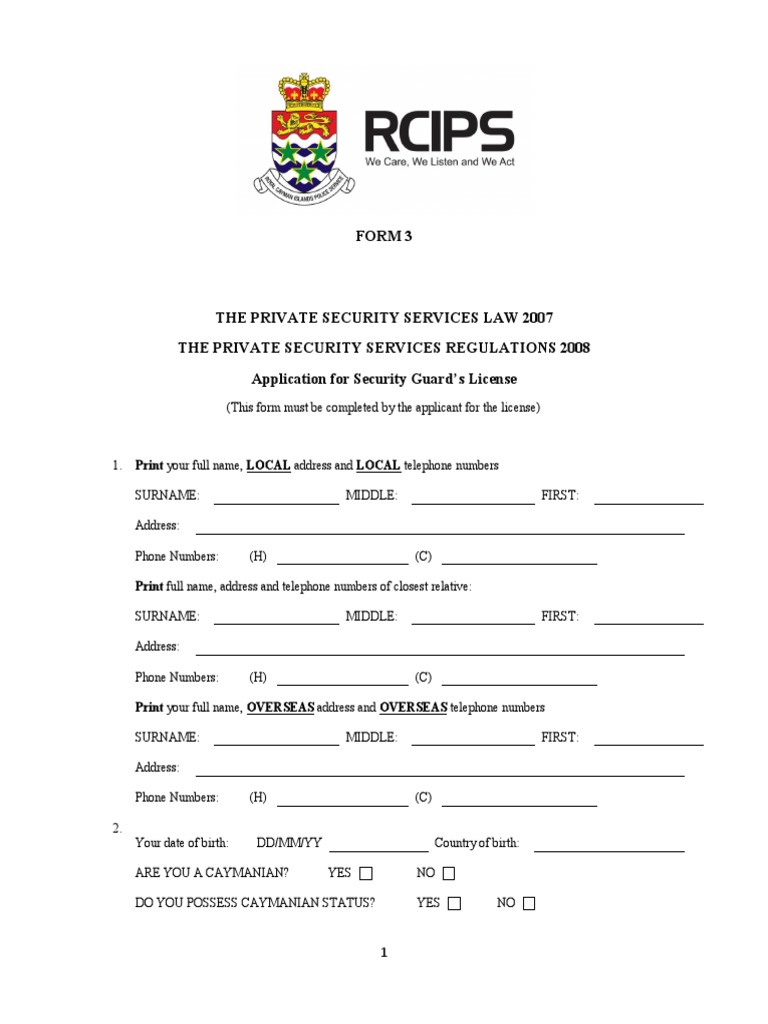 Security Guard License Application Form | PDF | Cayman Islands ...
