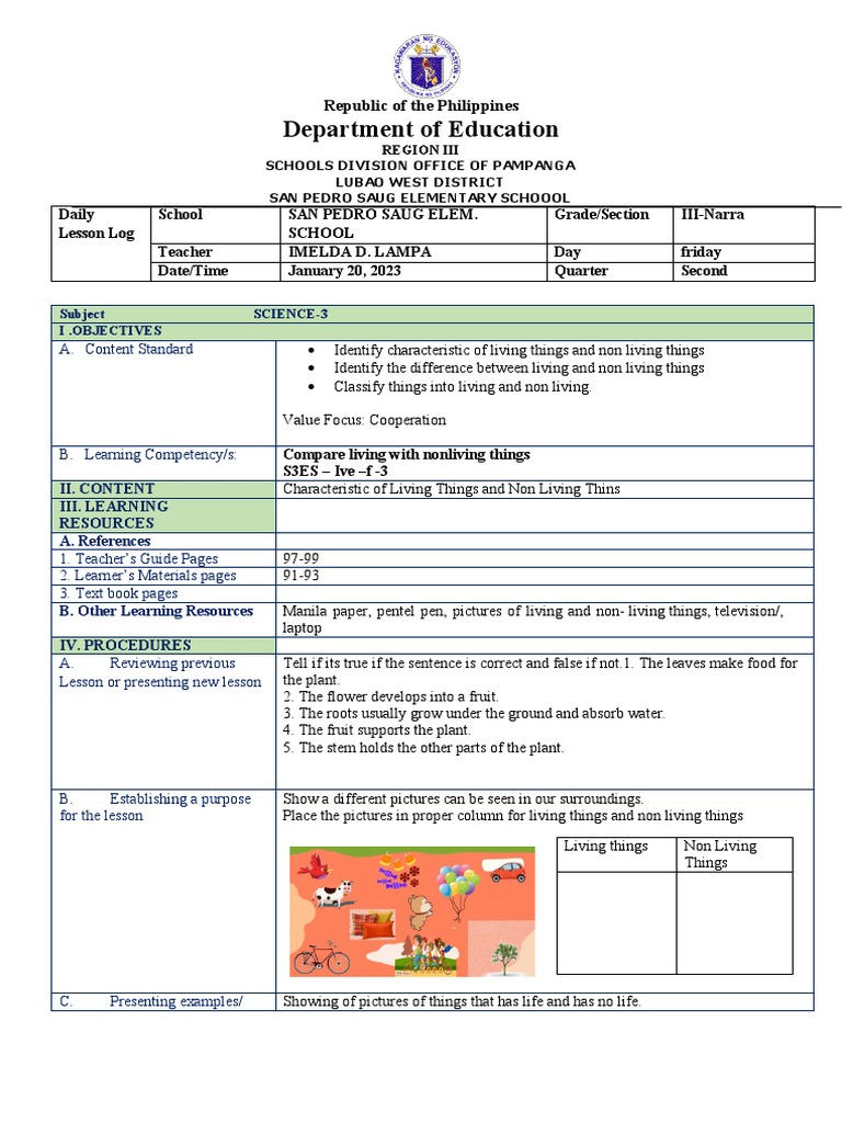Grade 3 COT Science Living Things and Non Living Things | PDF | Cognition | Learning