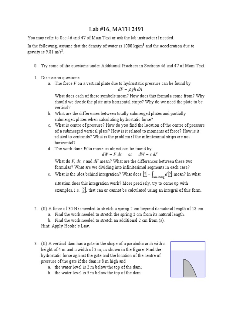 Hydrostatic Force and Work Calculations | PDF | Quantity | Physical ...