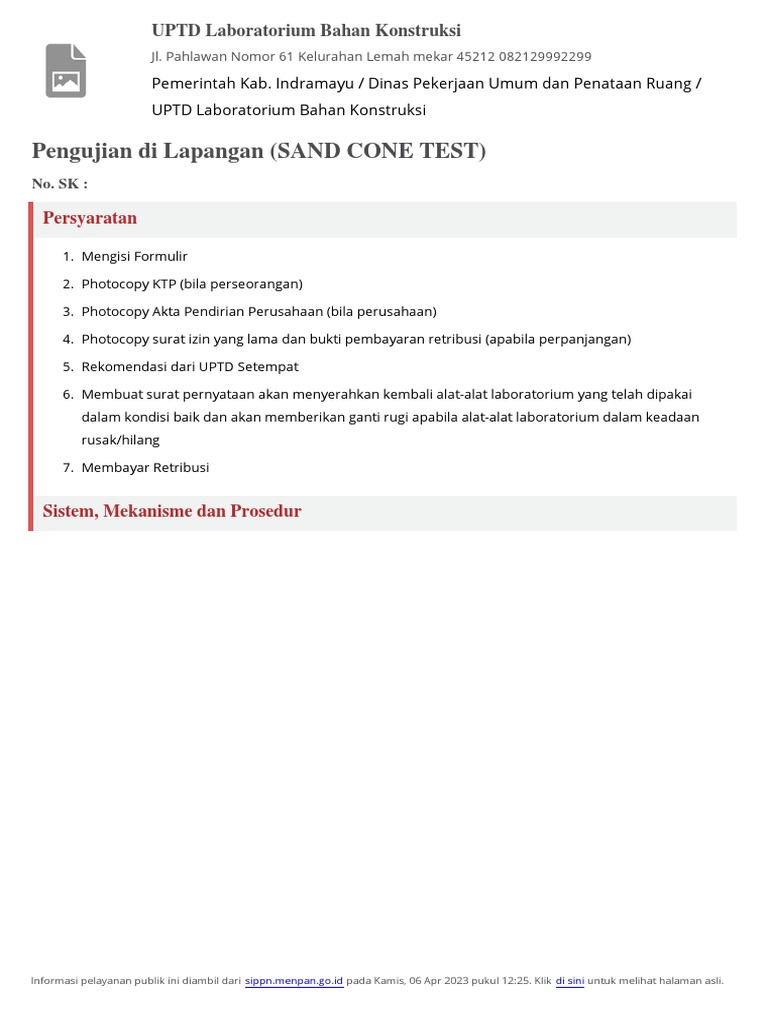 Unduh Standar Pelayanan - Pengujian di Lapangan (SAND CONE TEST) | PDF