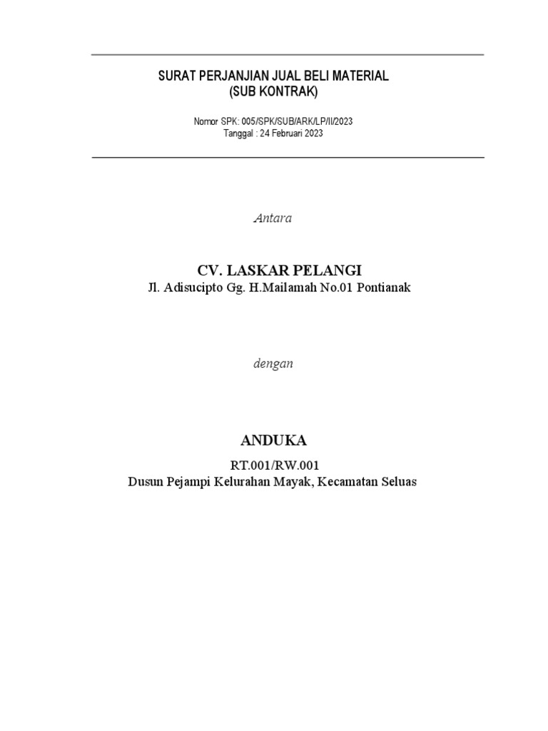 Surat Perjanjian Jual Beli Material (Sub Kontrak) : Cv. Laskar Pelangi | PDF | Teknologi & Rekayasa