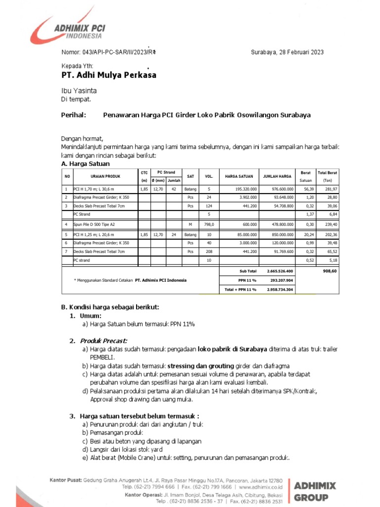 043-Adhimix-Penawaran Harga PCI Girder - Loko Pabrik Di Surabaya - PT. Adhi Mulya Perkasa-Revisi ...