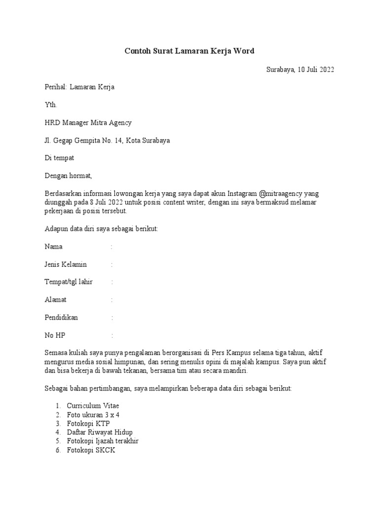 Contoh Surat Lamaran Kerja Word | PDF