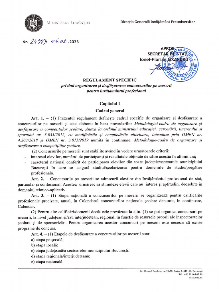 Regulament Concursuri Pe Meserii - 2023 Scan Cu Semnaturi | PDF