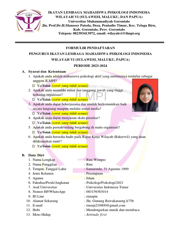 Pendaftaran Rini Wongso di ILMPI 2023 | PDF