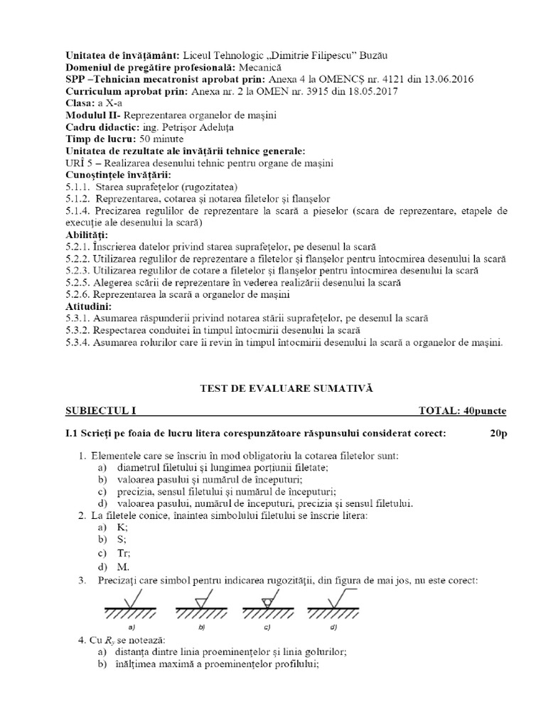 TEST DE EVALUARE SUMATIVĂ - Roti Dintate | PDF