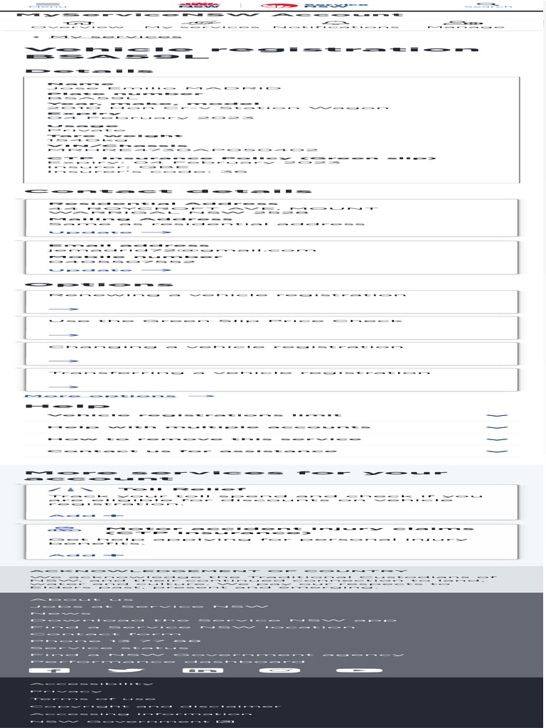 Vehicle Registration MyServiceNSW Account | PDF