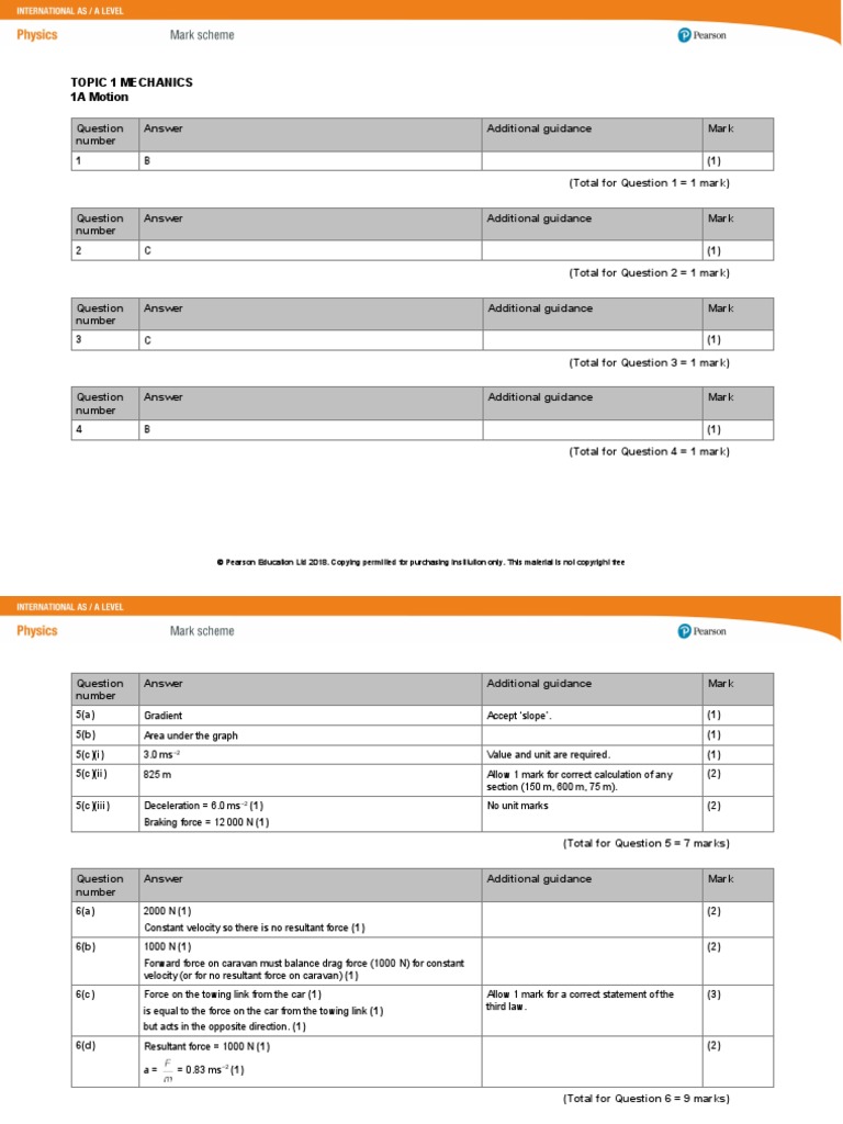 IAS - Physics - SB1 - Mark Schemes - 1A | PDF | Force | Velocity
