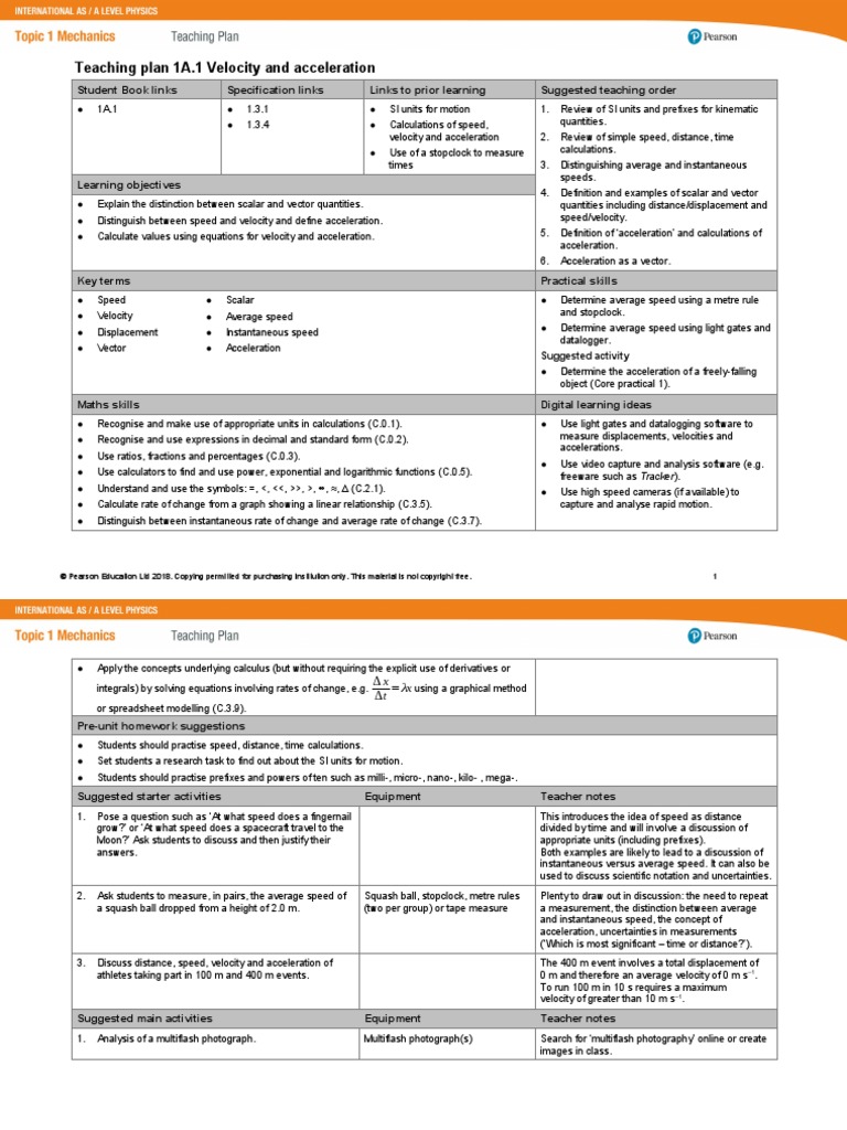 IAS - Physics - SB1 - Teaching Plans - 1A | PDF | Velocity | Acceleration