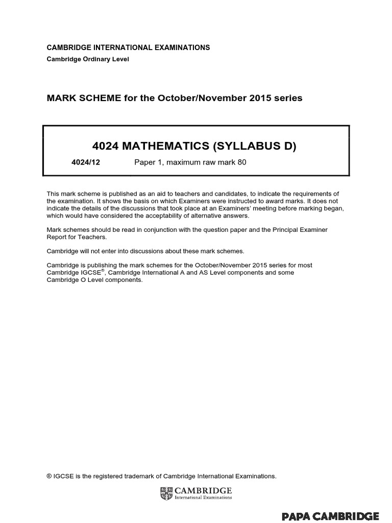 4024 Mathematics (Syllabus D) : MARK SCHEME For The October/November 2015 Series | PDF | Algebra ...