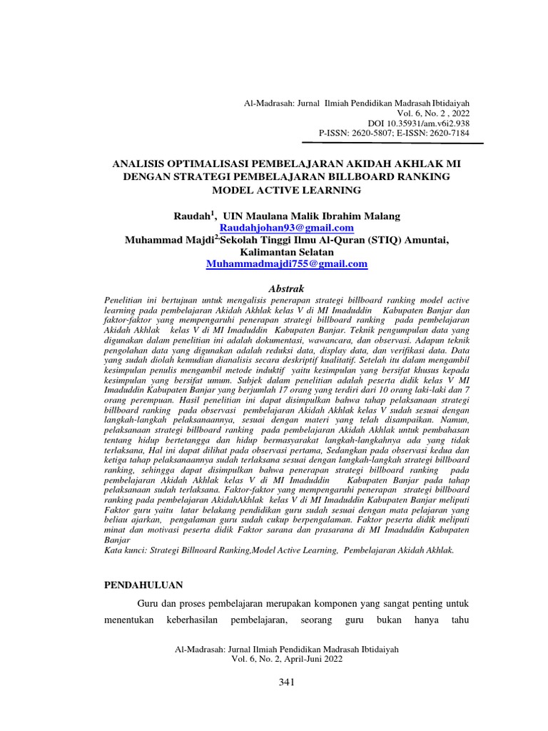 Al-Madrasah: Jurnal Ilmiah Pendidikan Madrasah Ibtidaiyah Vol. 6, No. 2, 2022 DOI 10.35931/am ...