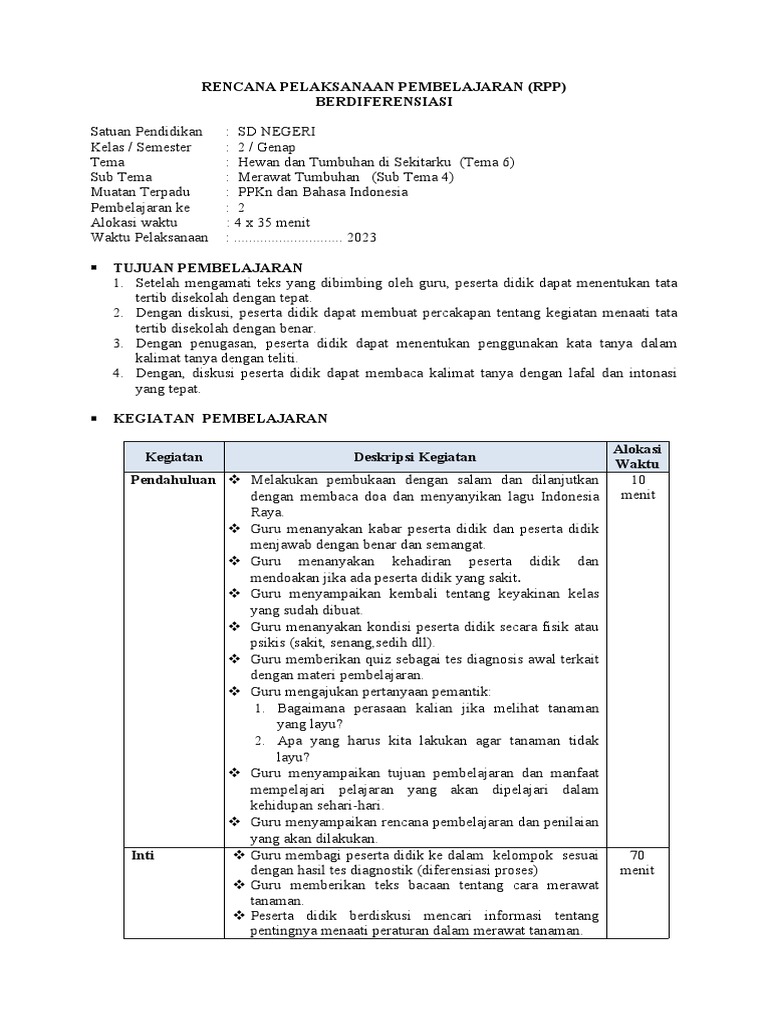 Rencana Pelaksanaan Pembelajaran (RPP) Berdiferensiasi | PDF