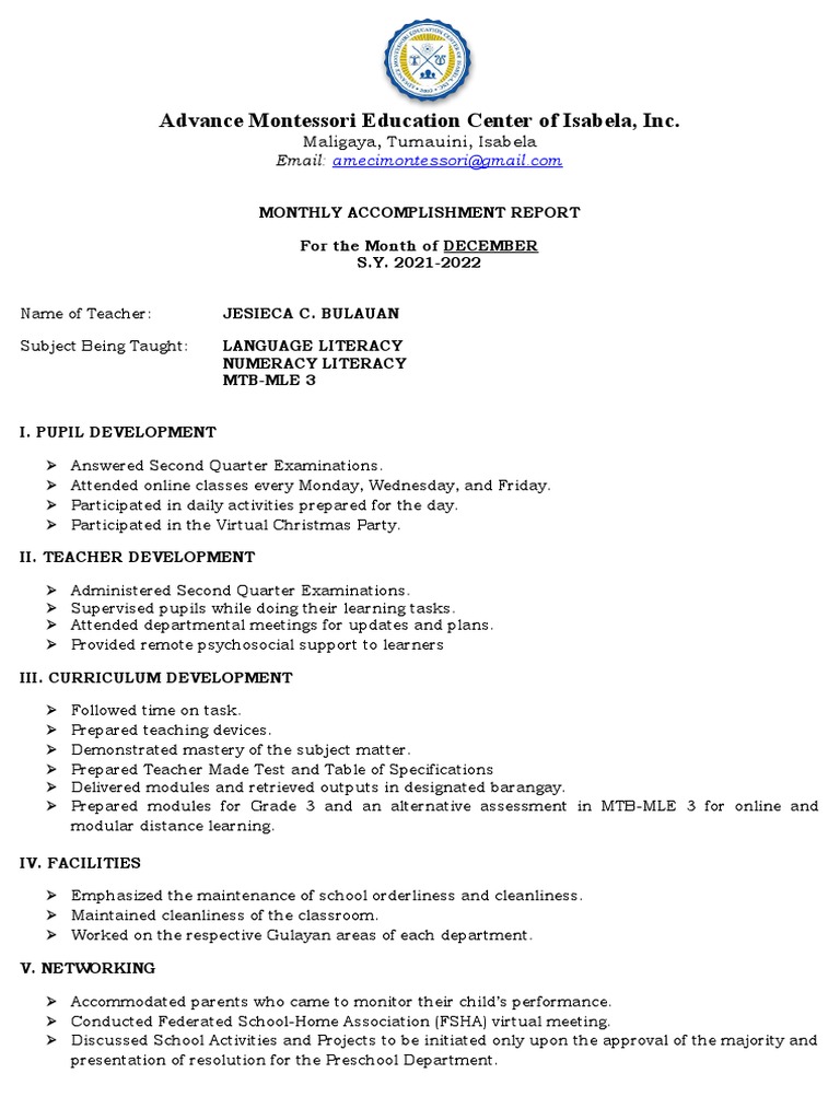 December Accomplishment Report 2021-2022 | PDF | Teachers | Educational ...