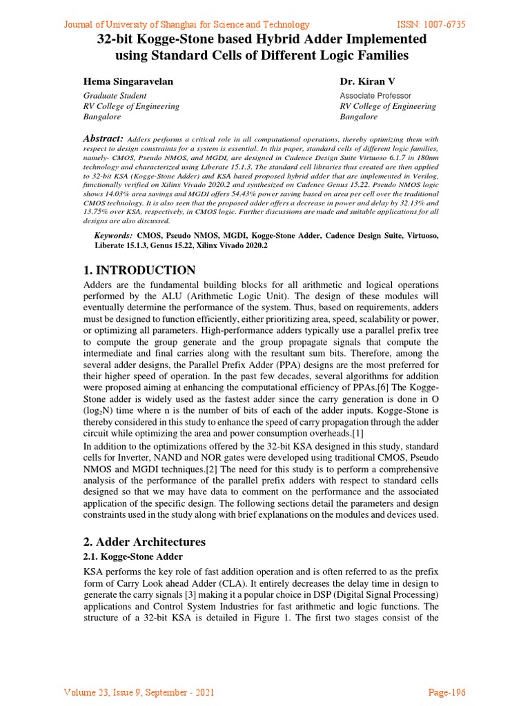 32 Bit Kogge Stone Based Hybrid Adder Implemented Using Standard Cells ...