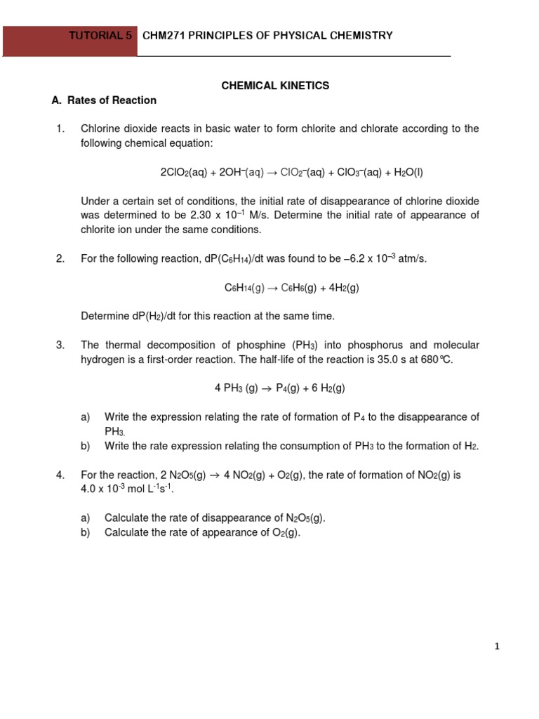 Chm271 - Tutorial 5 - Chemical Kinetics | PDF | Catalysis | Chemical Reactions